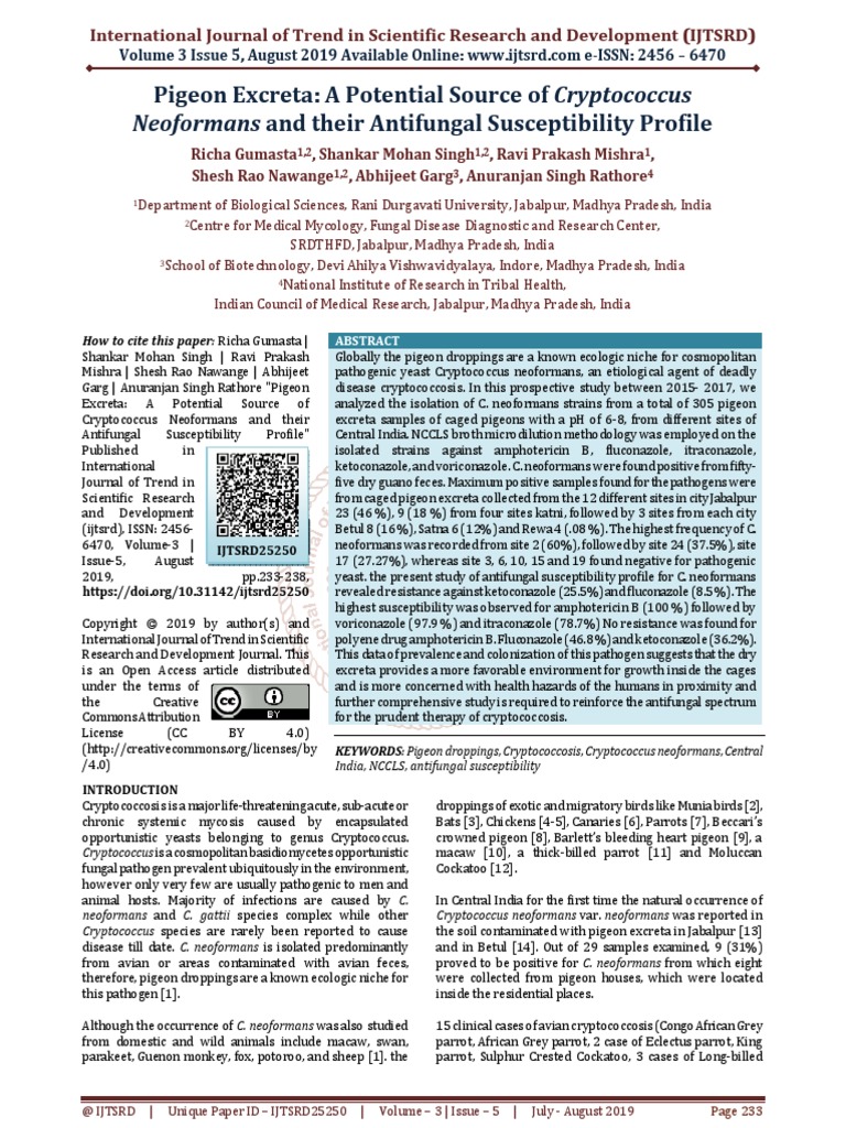 Pigeon Excreta A Potential Source of Cryptococcus Neoformans and Their ...