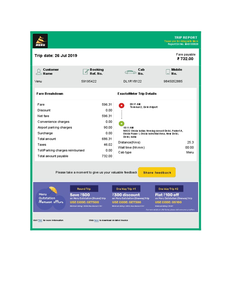 Trip date: 26 Jul 2019 ₹ 732.00: Customer Name Booking Ref. No. Cab No ...