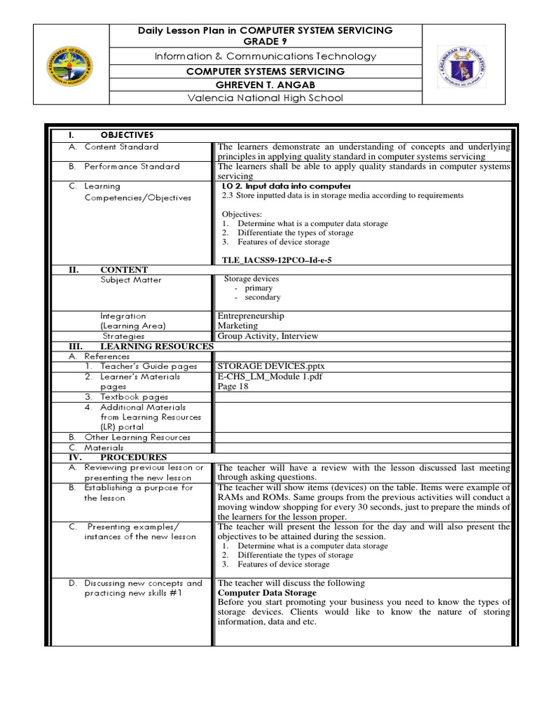 Daily Lesson Plan in Computer System Servicing Grade 9 Computer Systems Servicing Ghreven T ...