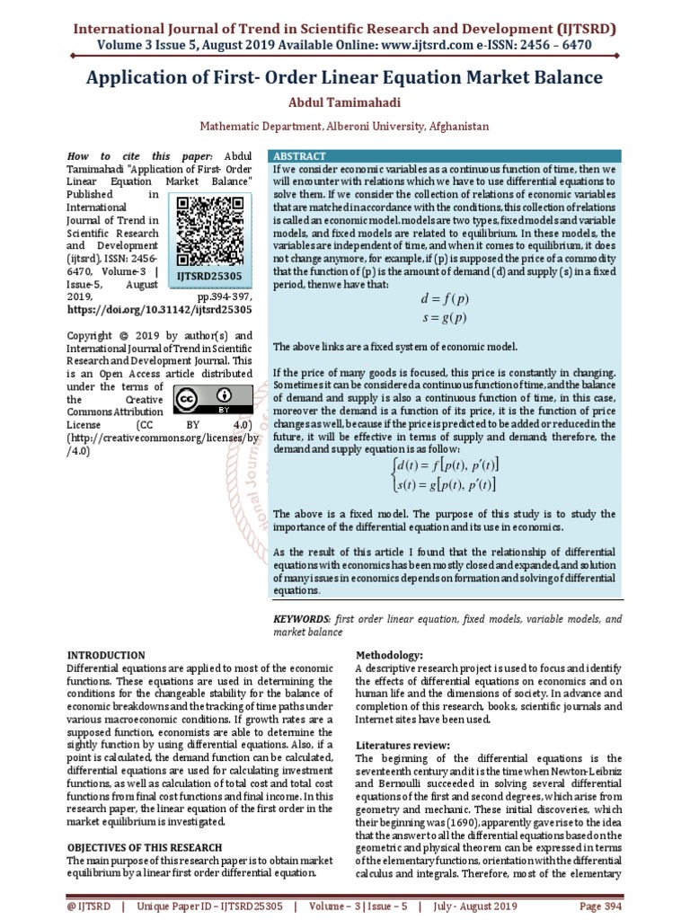 Application of First Order Linear Equation Market Balance | PDF ...