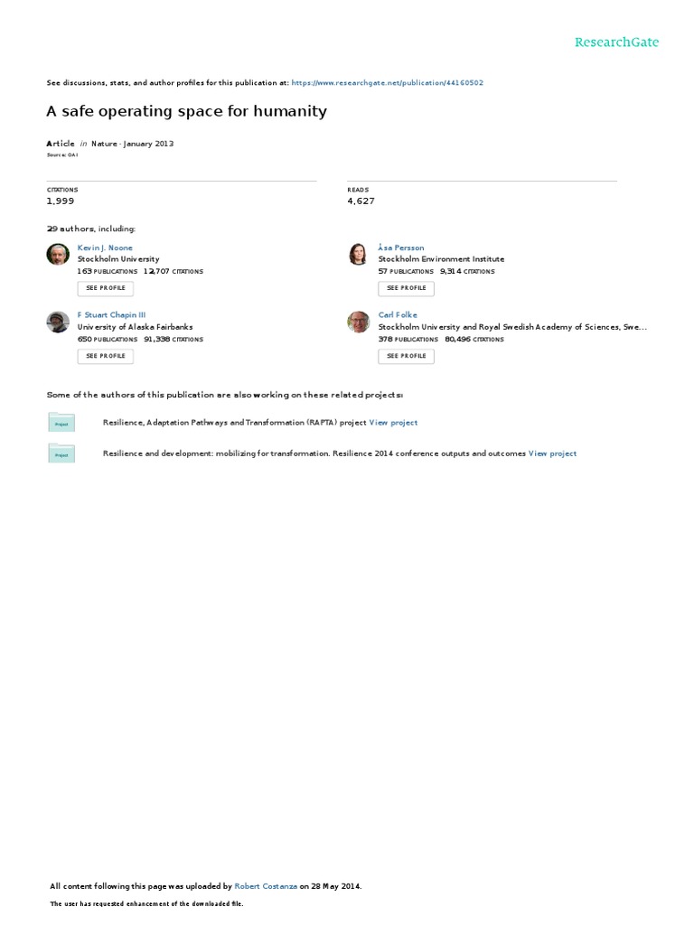 A Safe Operating Space For Humanity: Nature January 2013 | PDF | Global Warming | Ecological ...