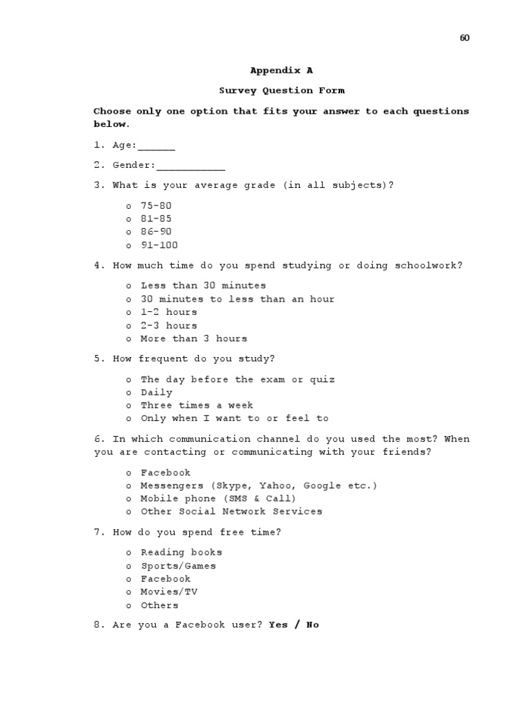Appendix A Survey Question Form Choose Only One Option That Fits Your ...