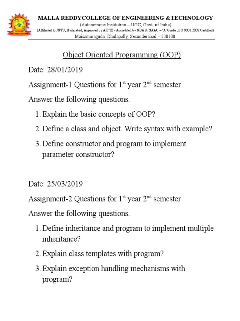OOP Assignment Questions | PDF | Object Oriented Programming | Class ...