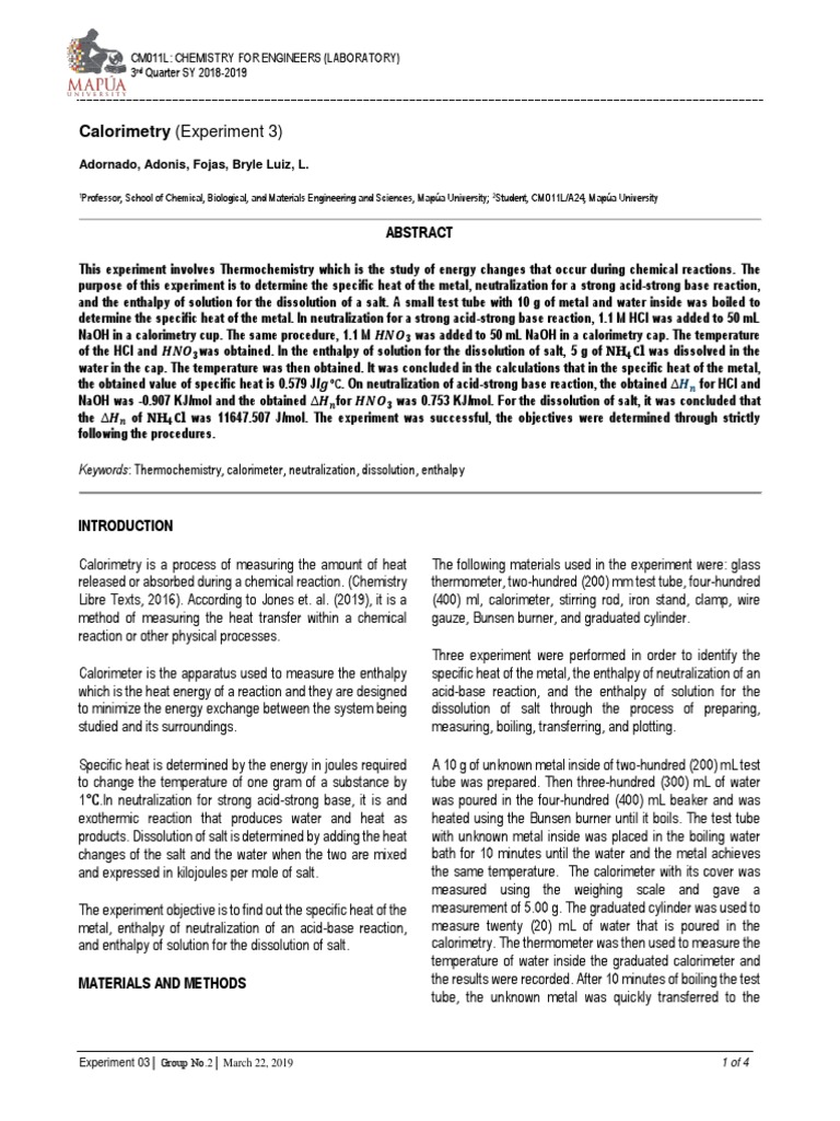 Calorimetry LabReport | Download Free PDF | Enthalpy | Heat