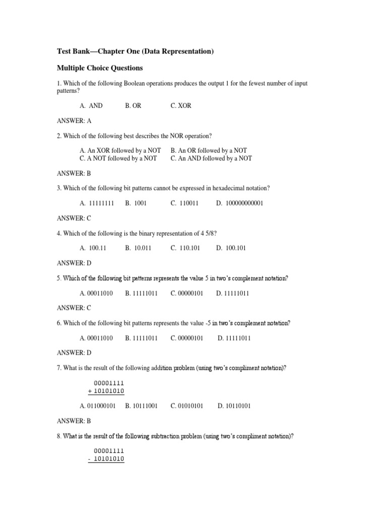 Test Bank-Chapter One (Data Representation) Multiple Choice Questions ...