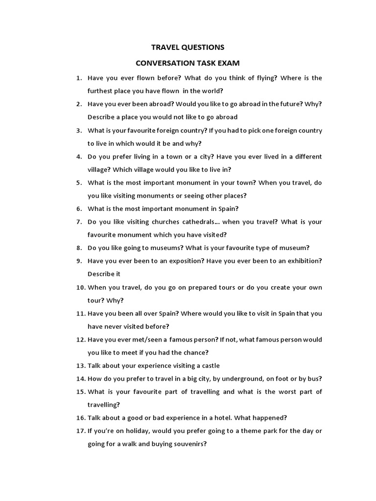 Travel Questions Conversation Task Exam | PDF