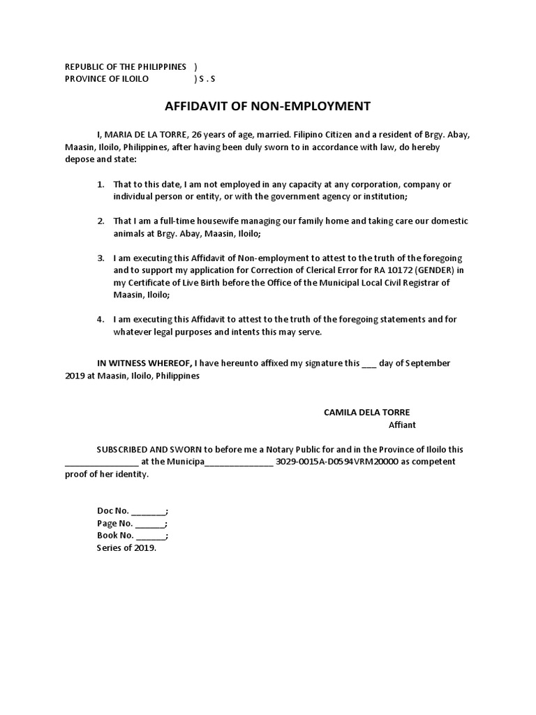 Affidavit of Non-Employment and Purpose of Correcting Clerical Error in ...