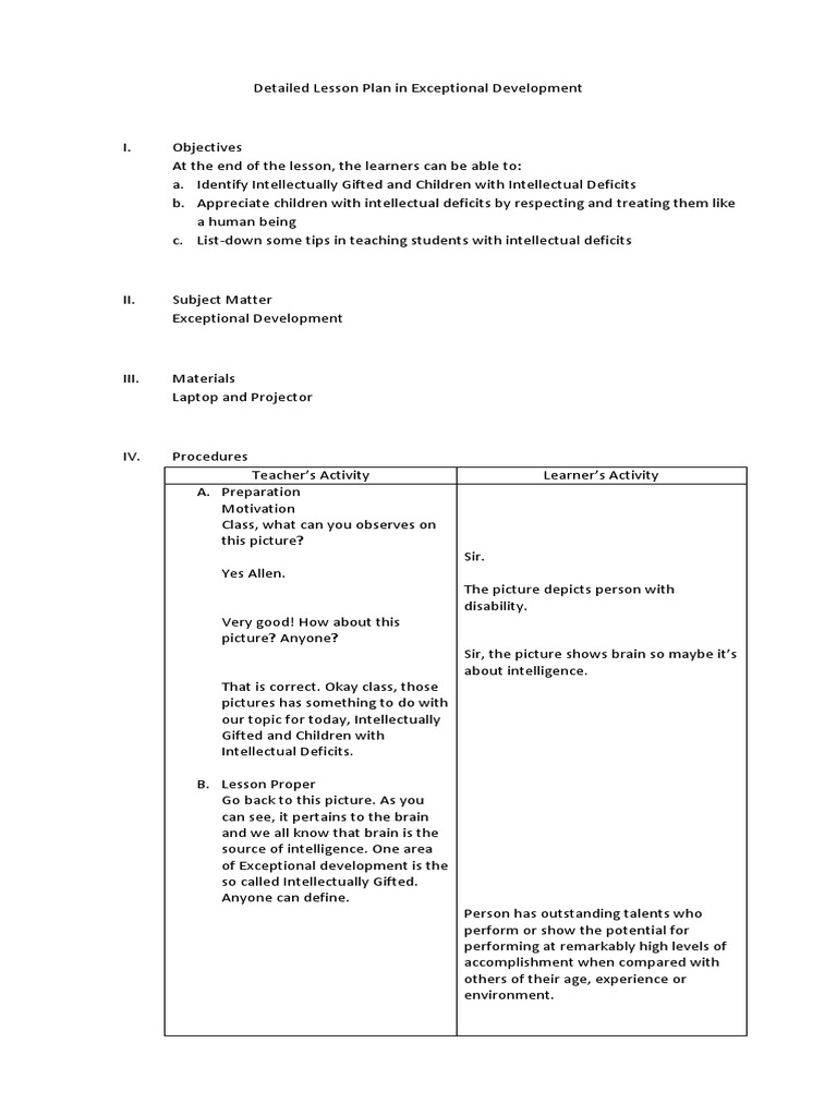 Lesson Plan for Exceptional Development | PDF | Intellectual Giftedness ...