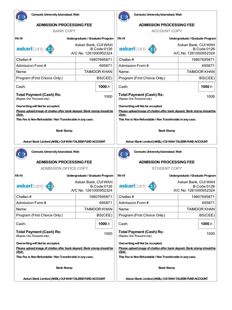 Bank Copy Account Copy: Admission Processing Fee Admission Processing Fee | PDF | Rupee | Banks