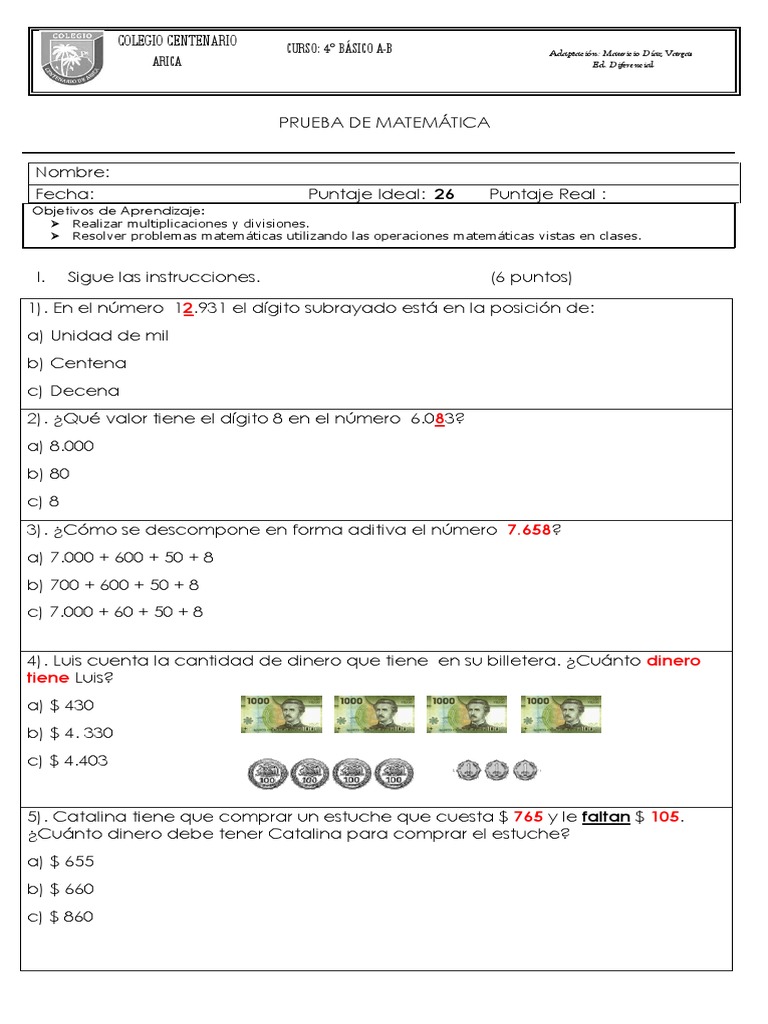 Prueba de Matemática de Multiplicaciones y Divisiones | PDF