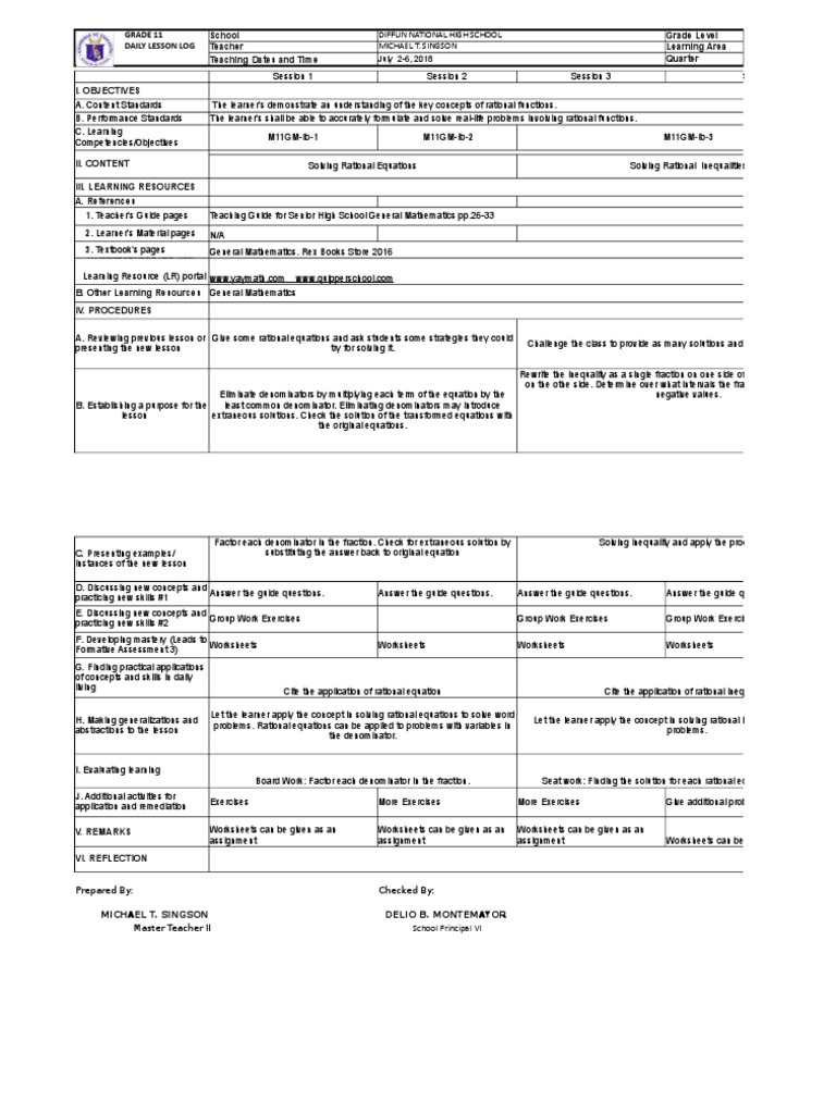 Gen Math DLL - Q1, Week 02.1 | PDF | Equations | Fraction (Mathematics)
