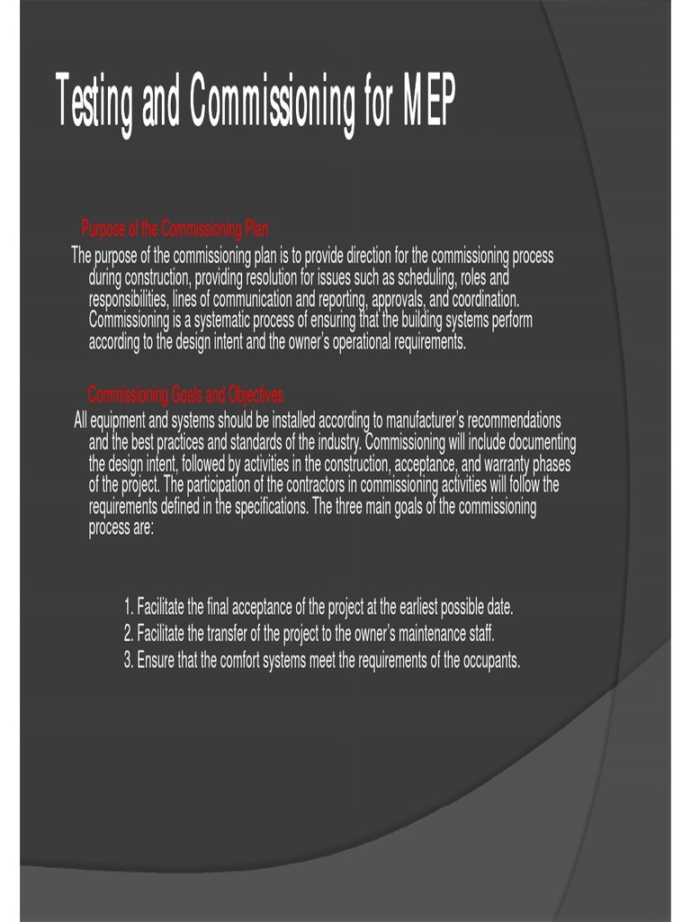 Testing and Commissioning For MEP: Purpose of The Commissioning Plan ...