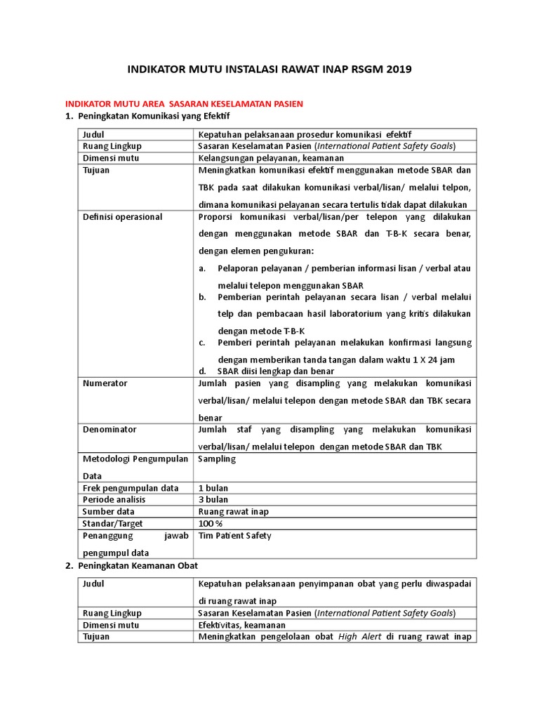 Indikator Mutu Rawat Inap RSGM | PDF