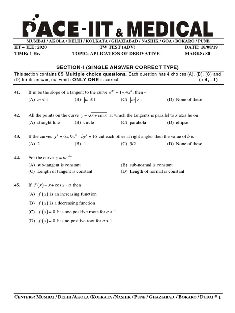 Application of Derivative (Question Paper) | PDF | Tangent | Line ...