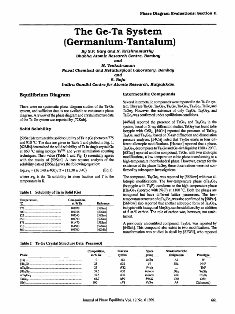 The Ge-Ta System (Germanium-Tantalum) : Equilibrium Diagram | PDF ...