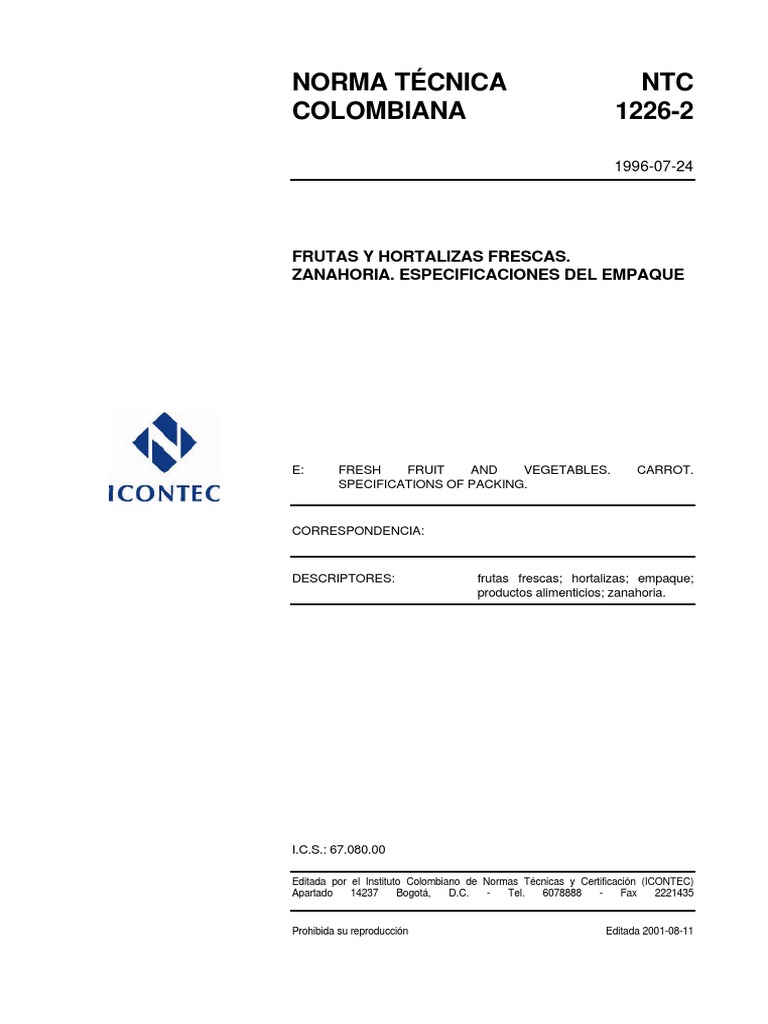 NTC 1226 2 Zanahoria Especificaciones Del Empaque PDF | PDF ...