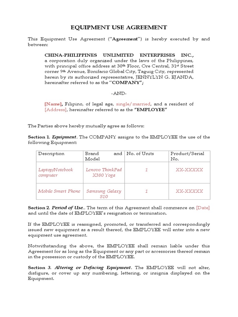 Equipment Use Agreement Use of Company Laptop Etc | PDF | Privacy ...