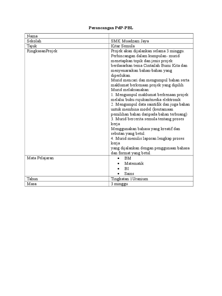 Contoh Perancangan PDP-PBL | PDF