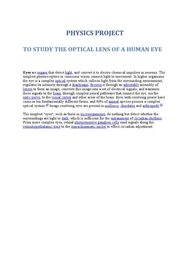 Physics Project: To Study The Optical Lens of A Human Eye | PDF | Eye ...