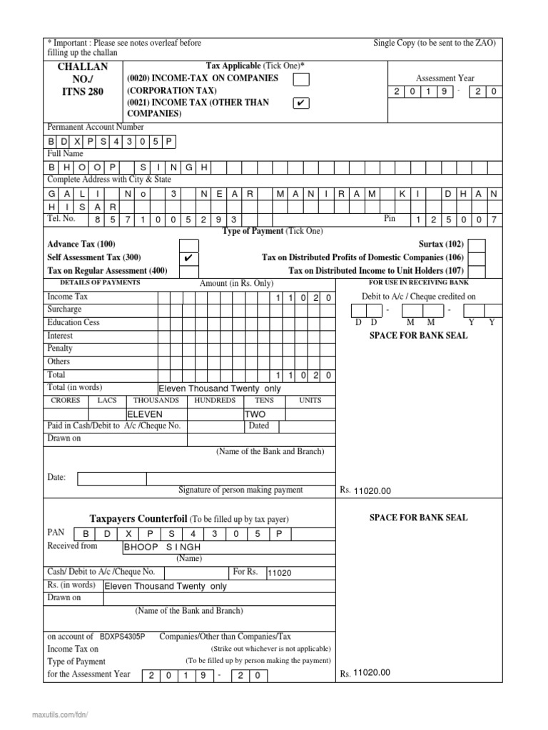 Challan NO./ ITNS 280: Details of Payments For Use in Receiving Bank ...