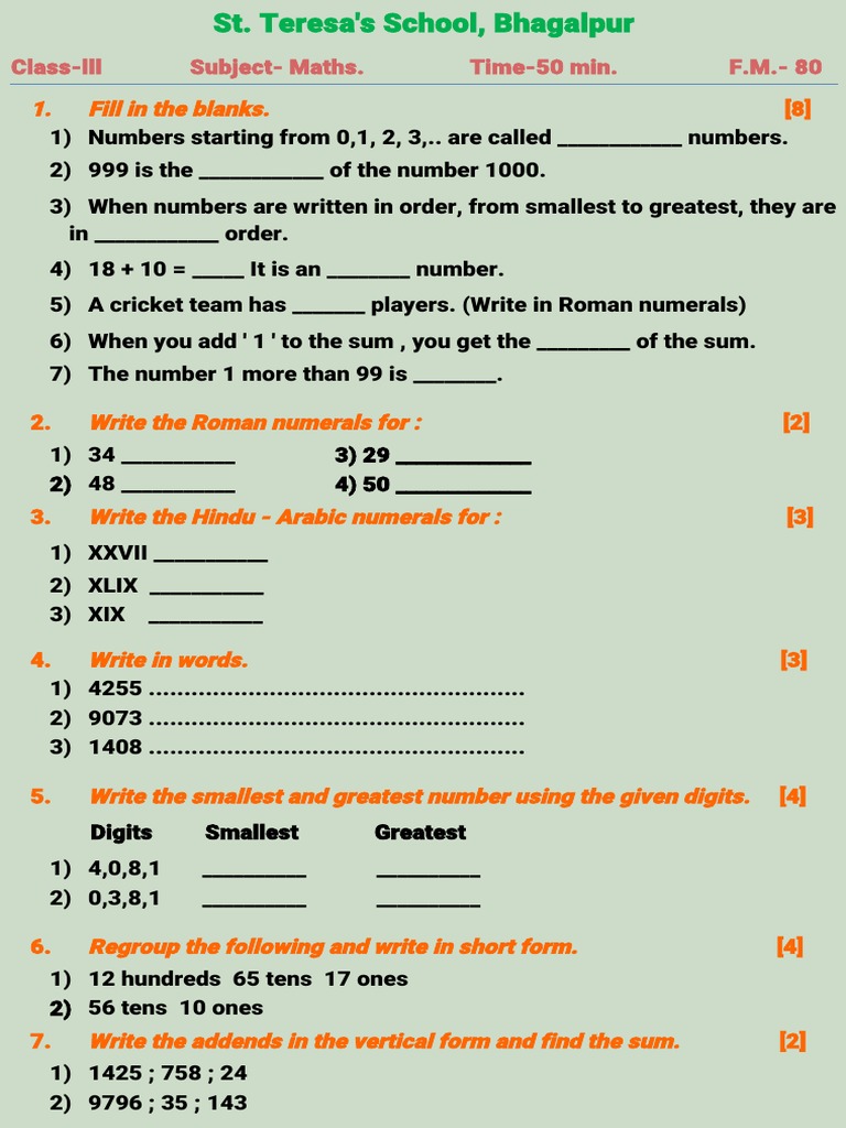 St. Teresa's School, Maths Questions, Class - III | PDF