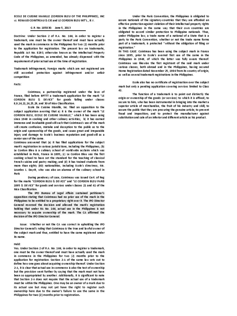 Ecole de Cuisine Manille (Cordon Bleu of The Philippines), Inc vs ...