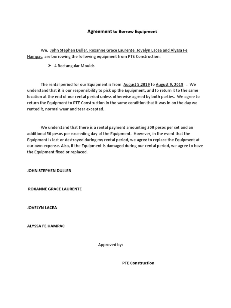 Agreement To Borrow Equipment | PDF | Law