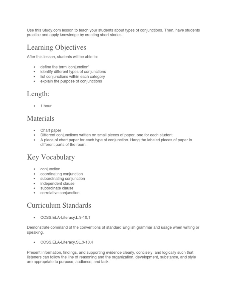 Conjunctions: Lesson Plan for Grade 8 | PDF | Question | Sentence ...