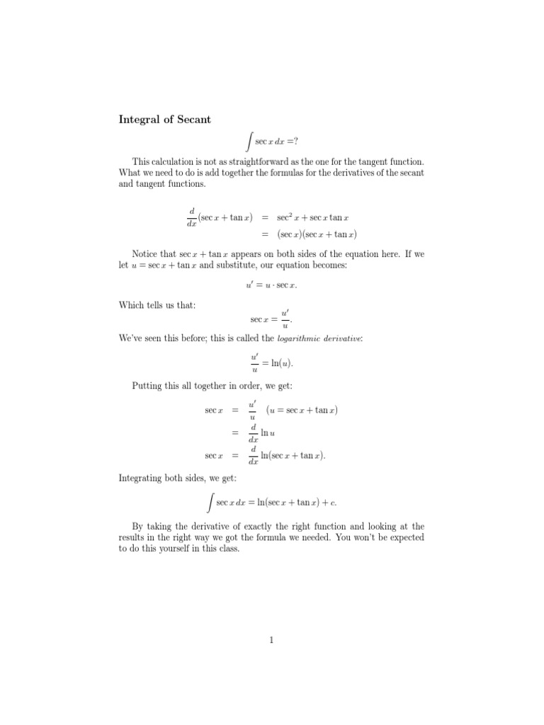 Integral of Secant Function Explained | PDF