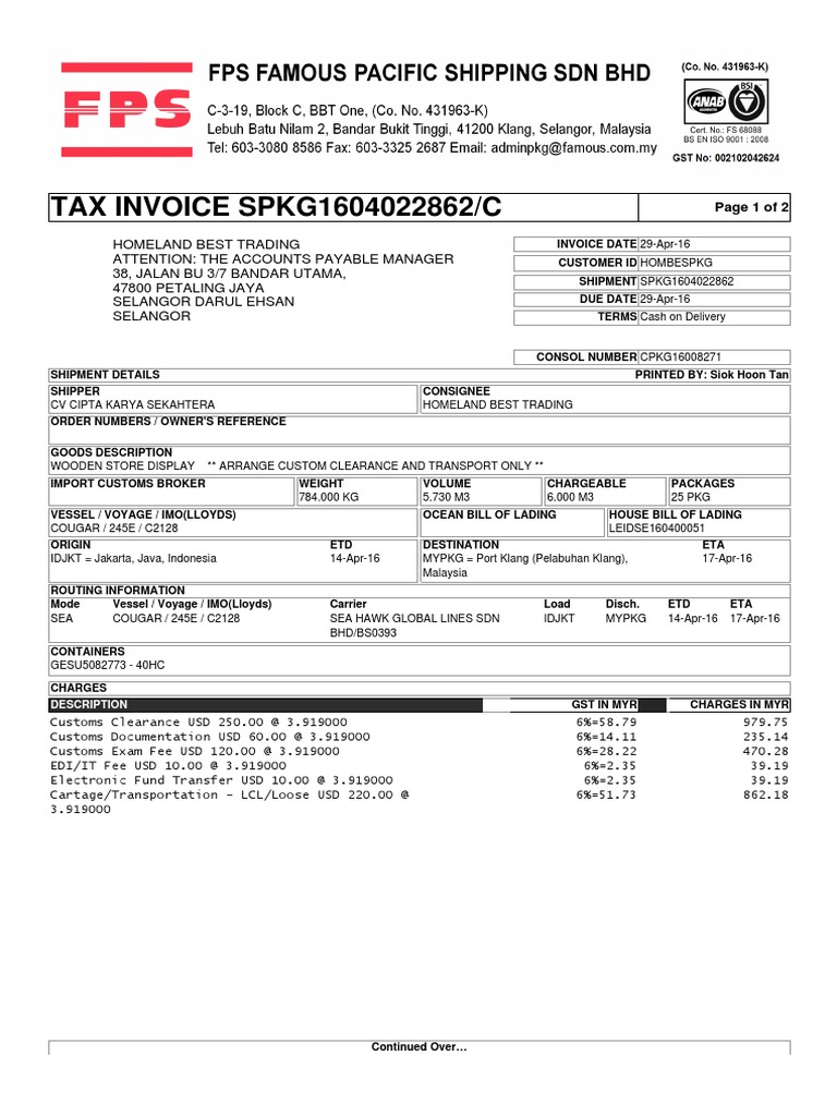 Invoice for Accounts Payable Manager | PDF | Cargo | Bill Of Lading
