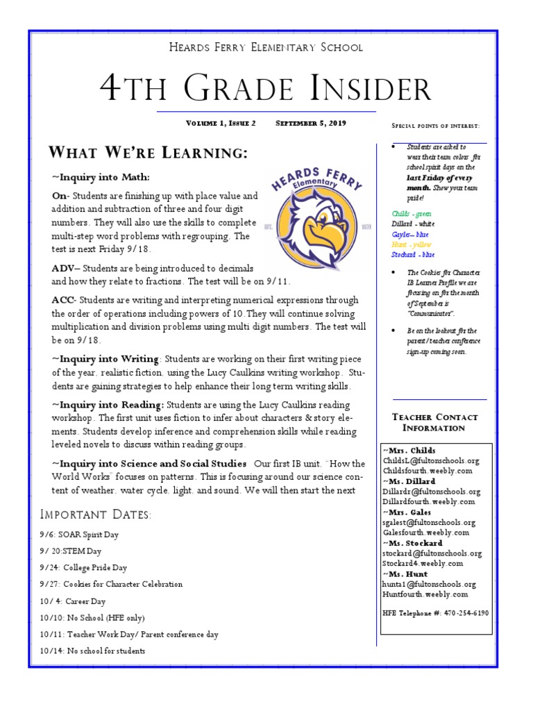 4th Grade Newsletter September | PDF | Cognitive Science | Teaching ...