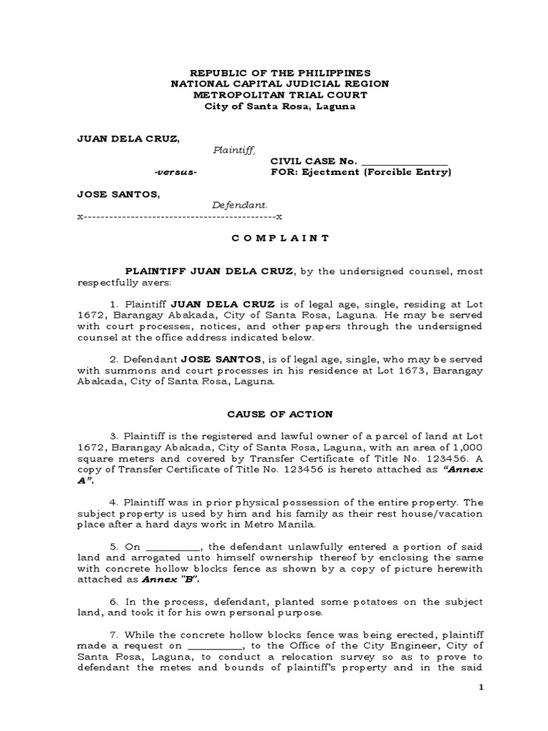 Sample Ejectment | PDF | Lawsuit | Common Law