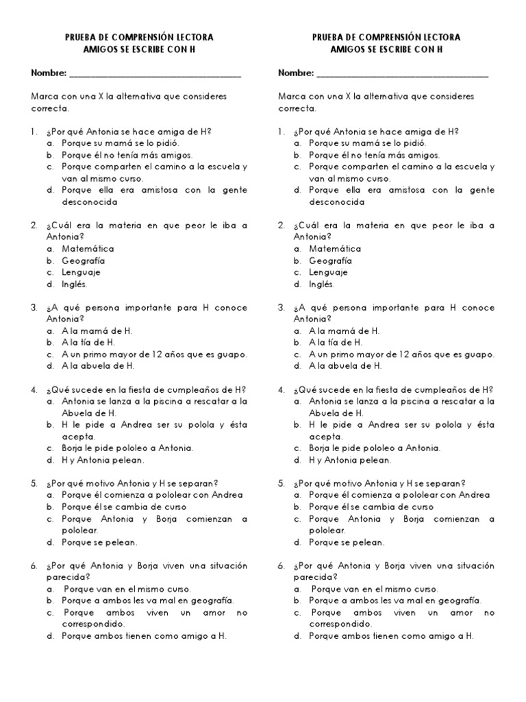 Prueba de Comprensión Lectora HHHH | PDF