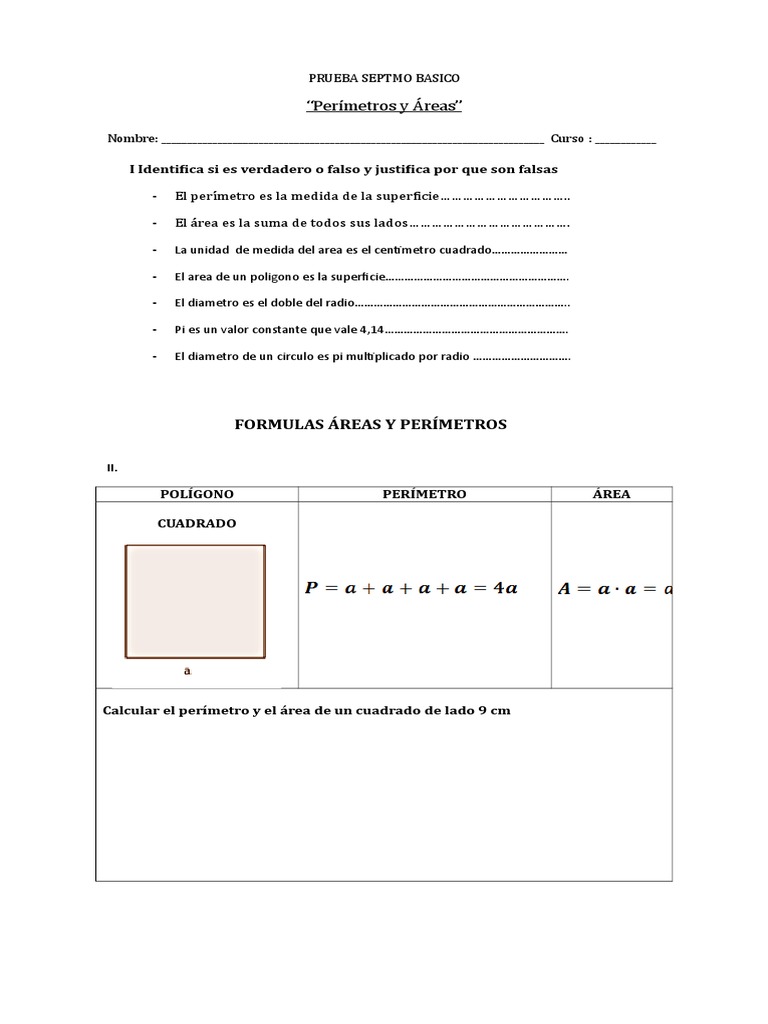 Prueba 7mo Perimetros y Areas | PDF