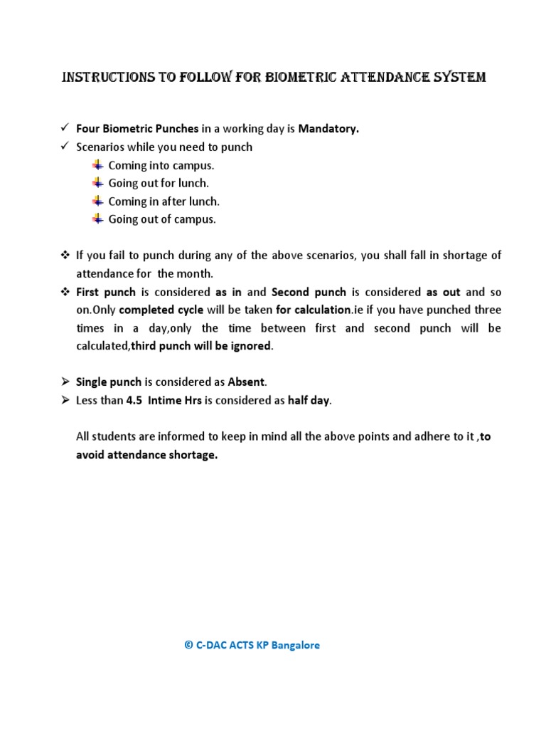 Instructions To Follow For Biometric Attendance System | PDF