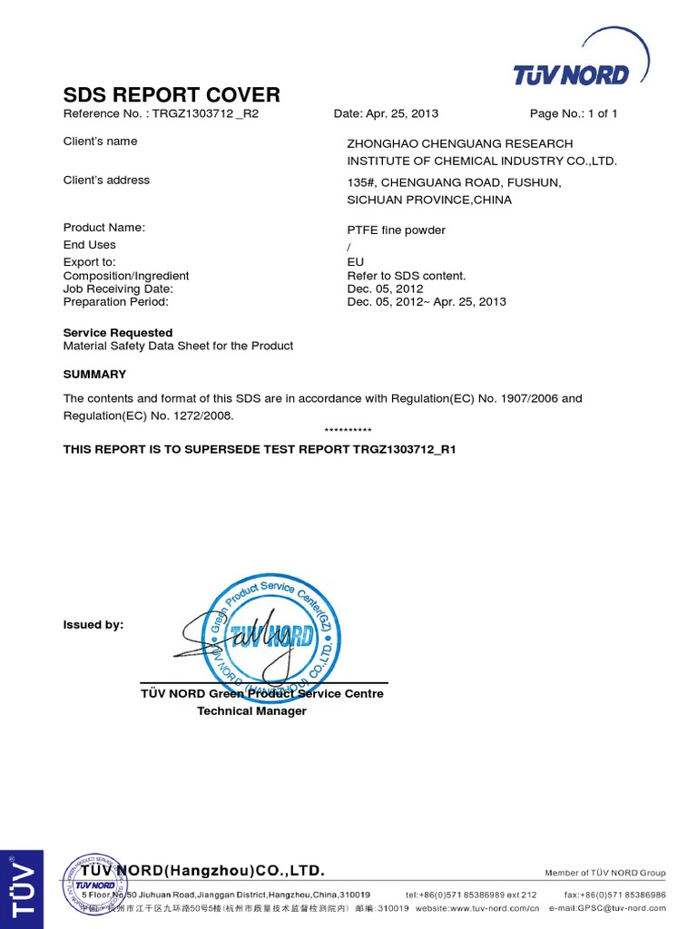 Yuanchen PTFE Thread Raw Material MSDS | PDF | Chemistry | Physical ...