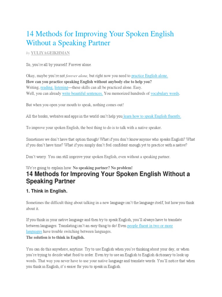 14 Methods For Improving Your Spoken English Without A Speaking Partner | Download Free PDF ...
