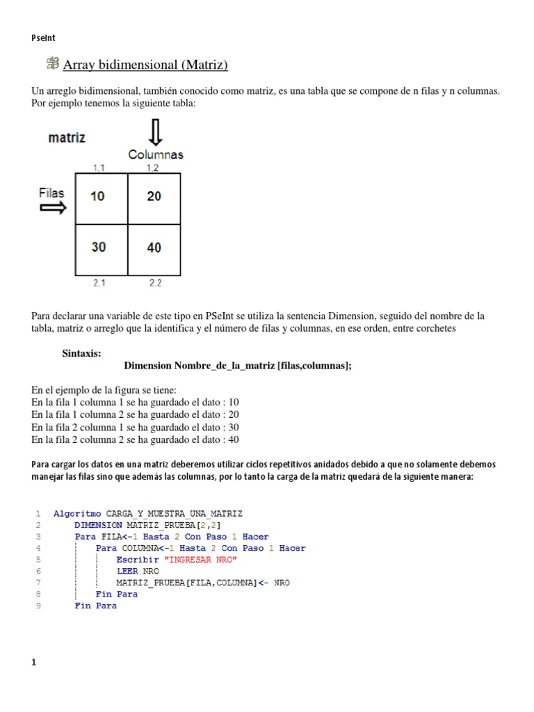 Tutorial de PSeInt (Parte 4) | PDF | Matriz (Matemáticas) | Estructura de datos de matriz