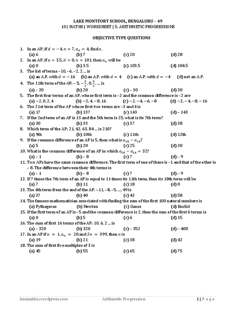 Arithmetic Progressions Worksheet with Objective Type, Very Short ...