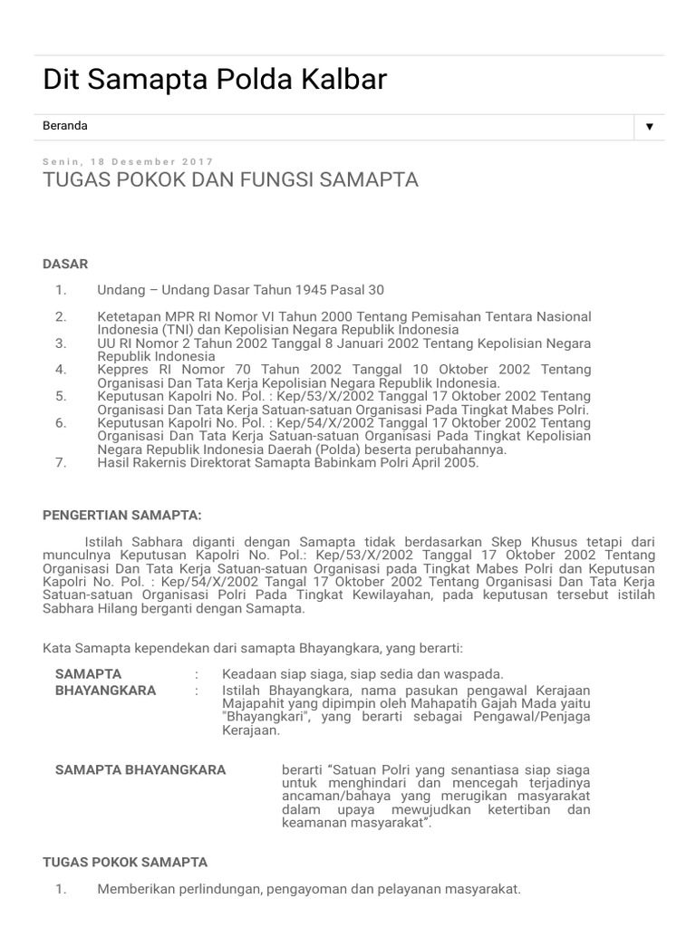 Dit Samapta Polda Kalbar: Tugas Pokok Dan Fungsi Samapta | PDF