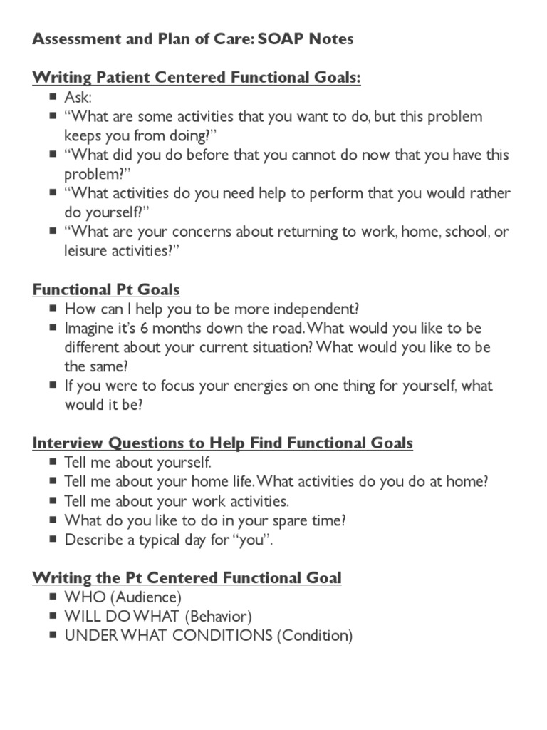 Assessment and Plan of Care: SOAP Notes Writing Patient Centered ...