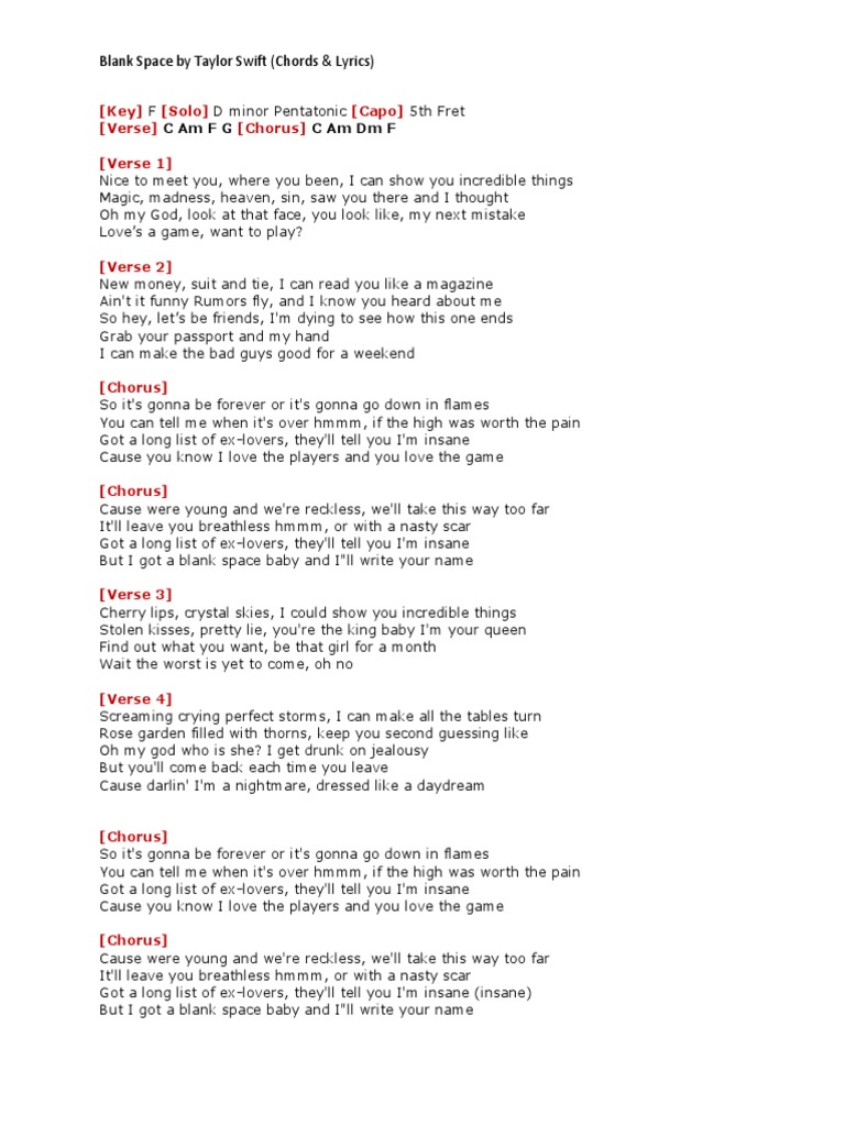 Taylor Swift Song Quotes Blank Space
