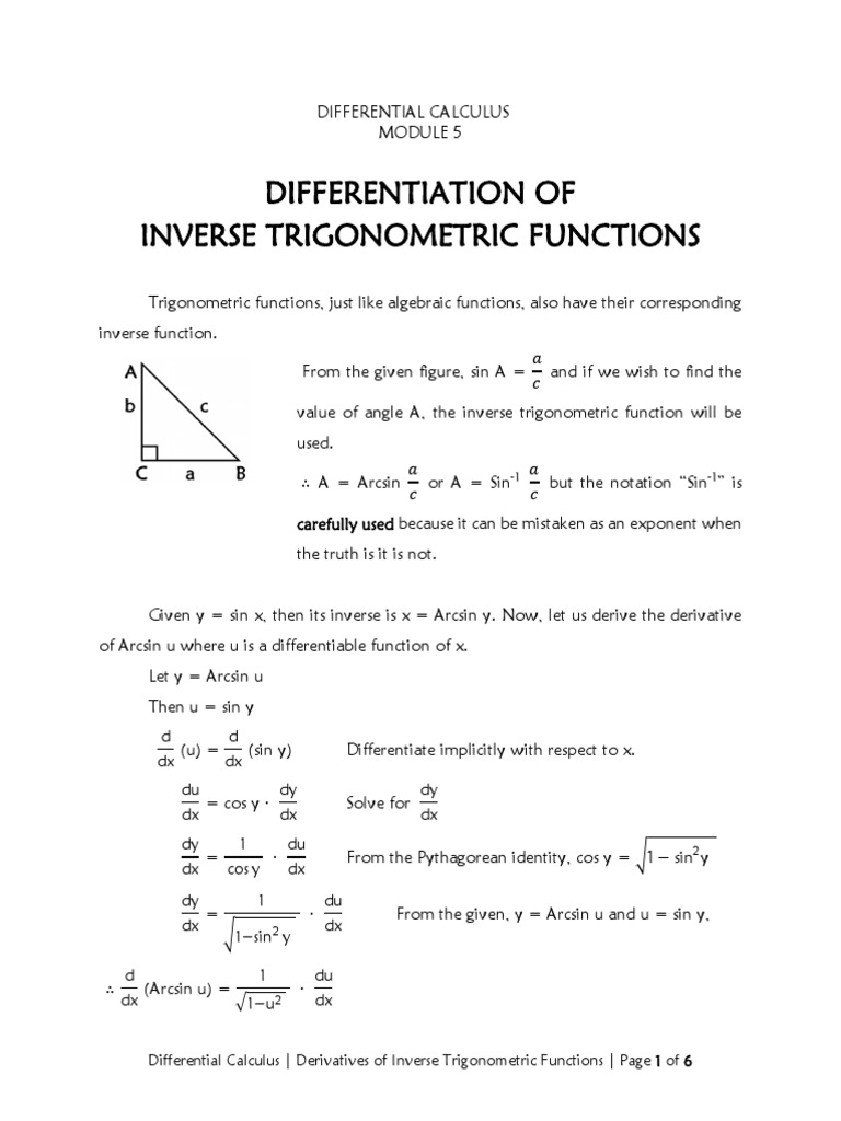 Module 5 - Derivatives of Inv Trig Functions | PDF | Trigonometric Functions | Derivative