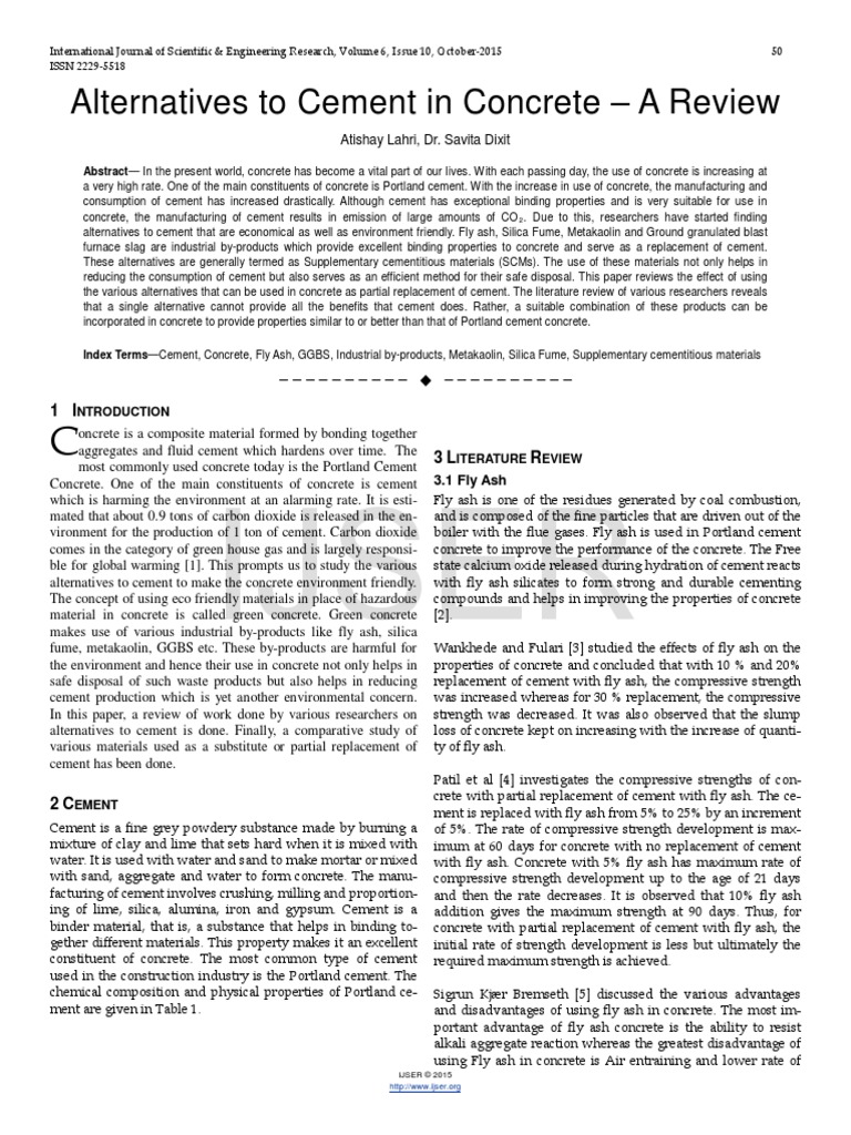 Ijser: Alternatives To Cement in Concrete - A Review | PDF | Concrete ...