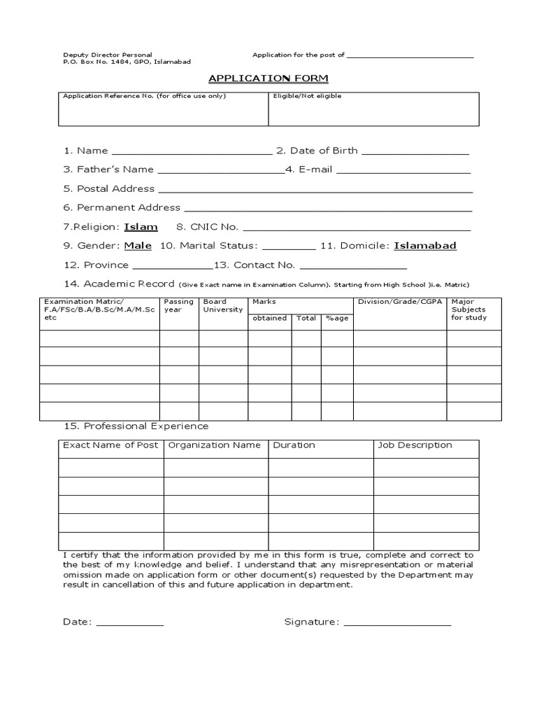 Application Form: Exact Name of Post Organization Name Duration Job ...