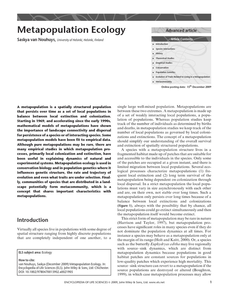 Metapopulation Ecology | PDF | Natural Selection | Population Genetics