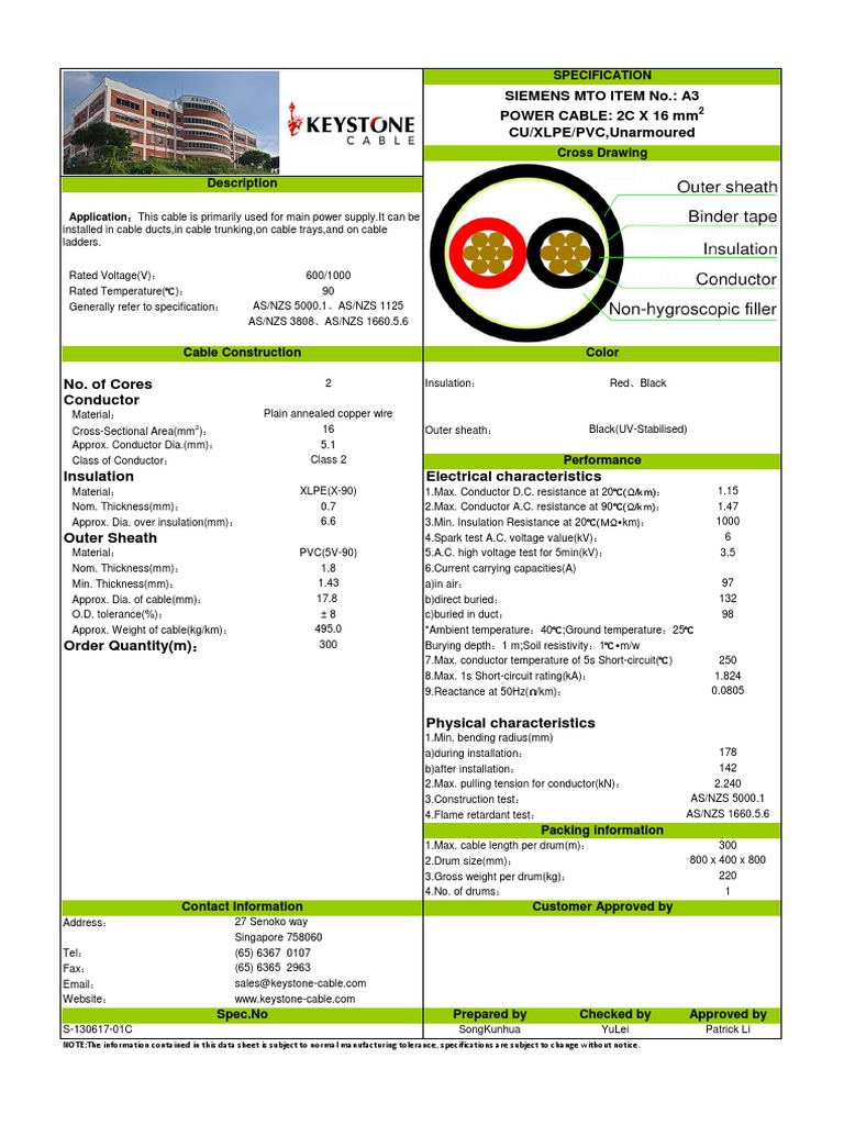 Specification Sheet for 2-Core 16 mm2 and 25 mm2 Copper Power Cables ...