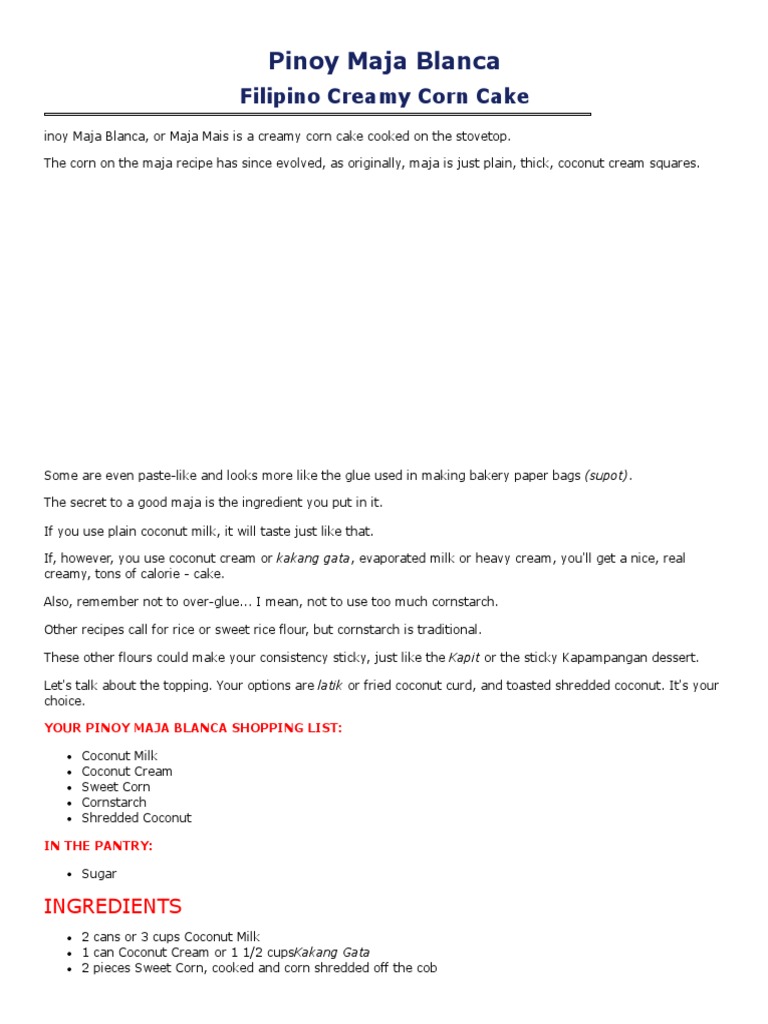 Pinoy Maja Blanca - Creamy Filipino Corn Cake | PDF | Coconut Milk | Cakes