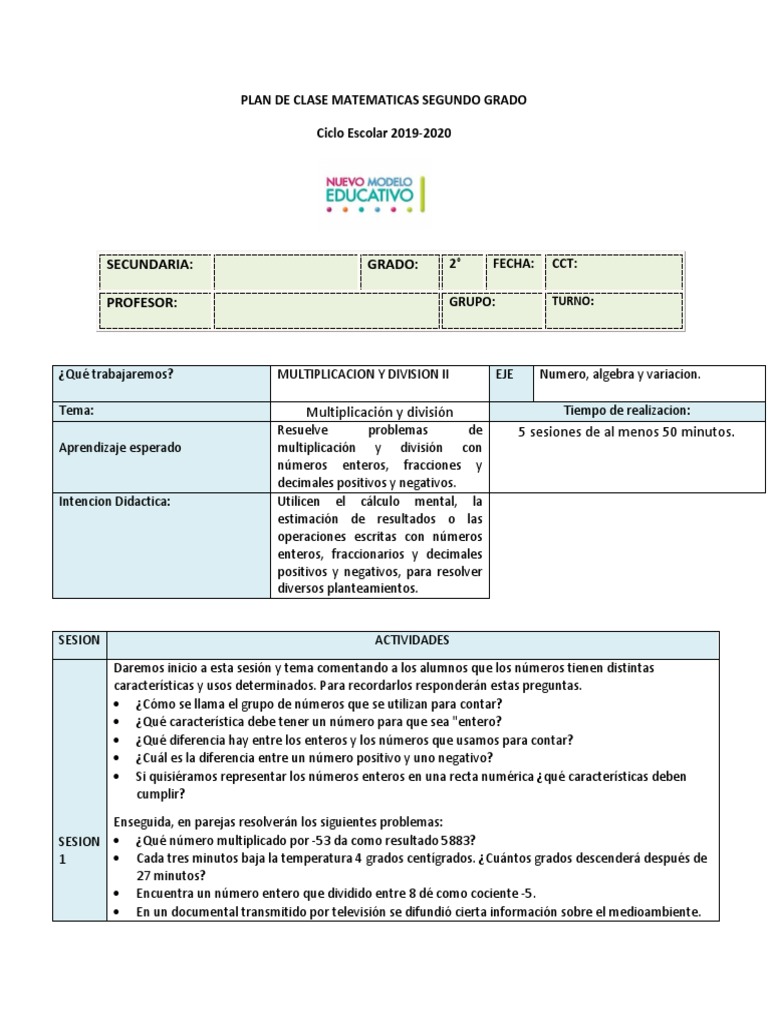 Plan de Clase: Multiplicación y División 2° | PDF | Multiplicación ...