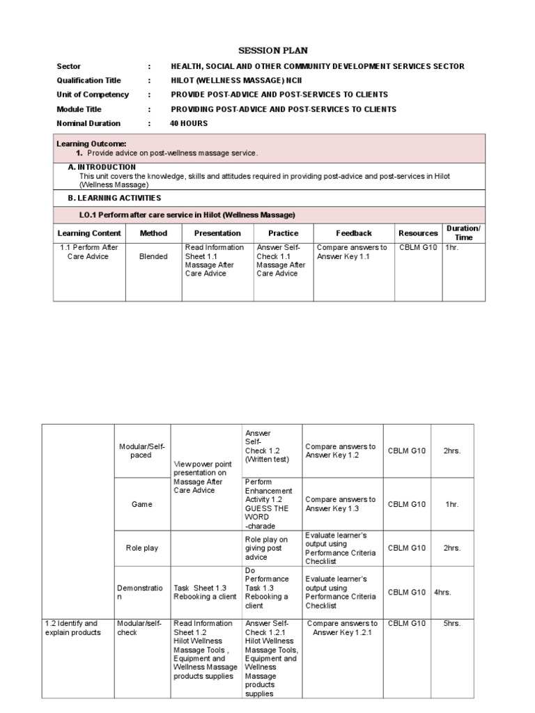 Hilot Wellness Massage Session Plan | PDF | Rubric (Academic) | Massage